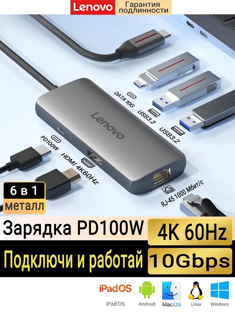 Lenovo USB-хабы док-станции Концентратор Разветвитель хаб Переходник HUB DOCK H1-C06R Pro 6 в 1 USB Type-C на USB3.2*2/USB-C DATA 10G/HDMI 4K60Hz/Type-C PD100W/LAN RJ45 Ethernet 1000 Мбит/С адаптер