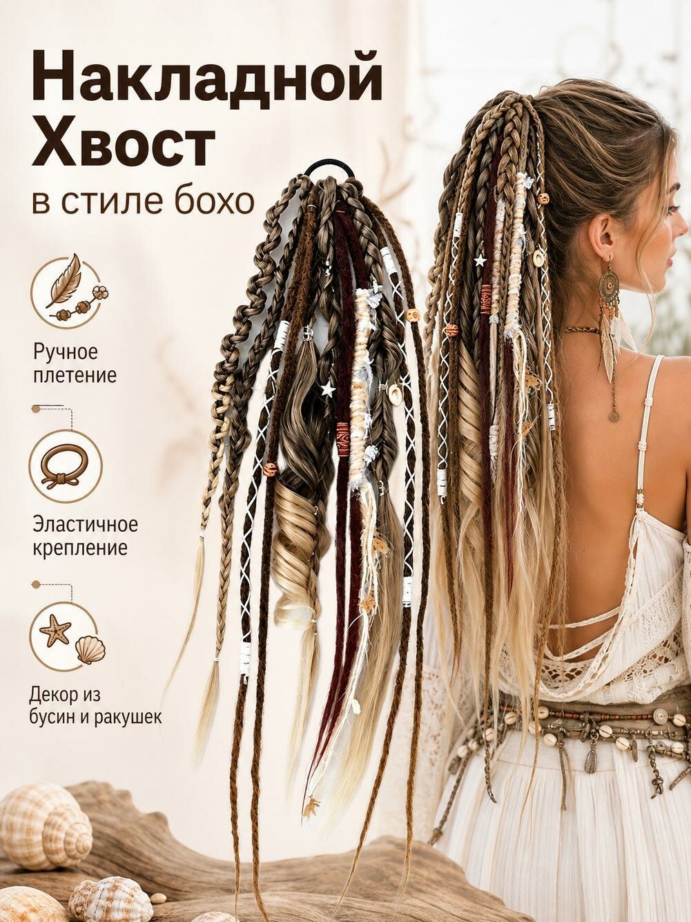 Накладной хвост-дреды на резинке, бохо стиль, многослойные плетеные косы с декором, синтетические волосы 60 см