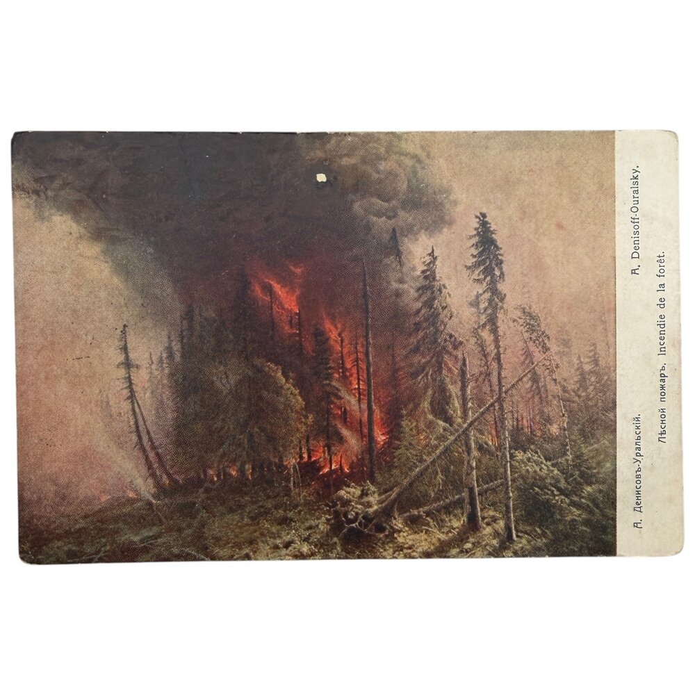 Почтовая открытка "Денисов-Уральский - Лесной пожар" 1900-1913 гг. Российская Империя