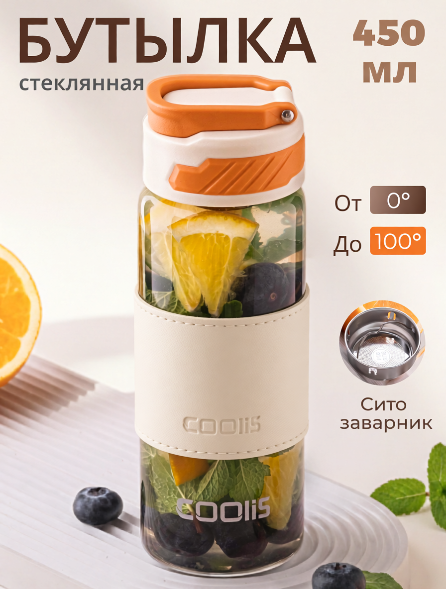 Стеклянная бутылка для воды из боросиликатного стекла 0,45л. Сито-заварник в комплекте. Уценка