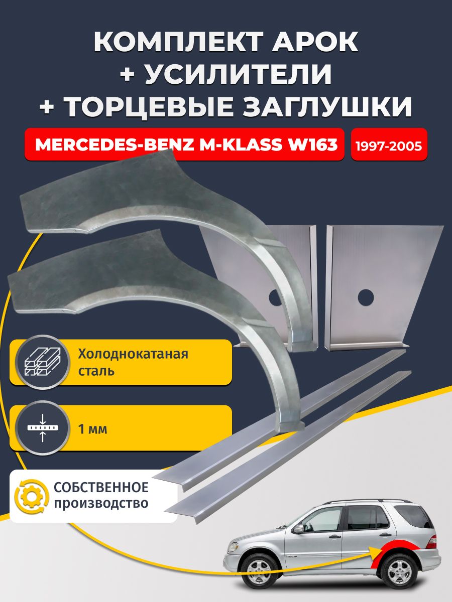 Комплект ремонтных задних арок (0,8 мм) + торцевые заглушки (1 мм) + усилители (1 мм) на Mercedes-Benz M-klass W163 1997-2005 (Мерседес В163). Холоднокатаная сталь