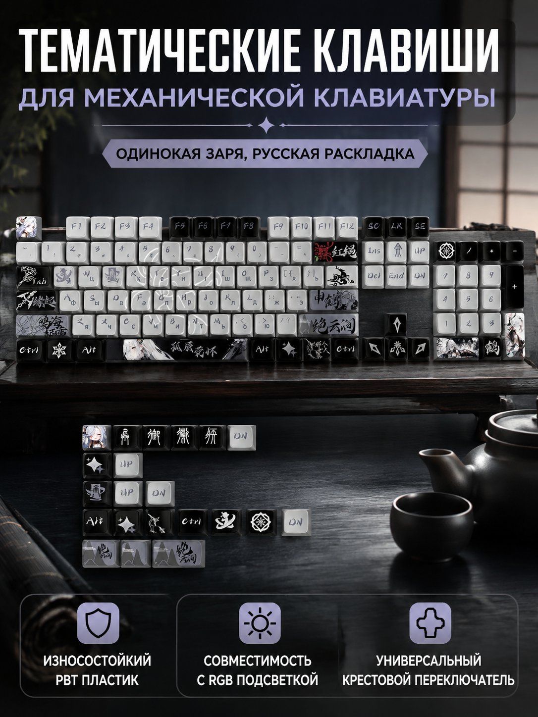 Комплект кейкапов для механической клавиатуры с русской раскладкой, PBT, Набор содержит 125 колпачков и подходит для всех клавиатур