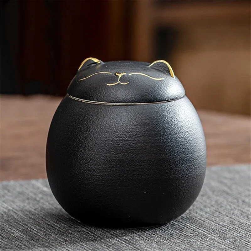 Керамическая канистра для чая с котом Черный, Black