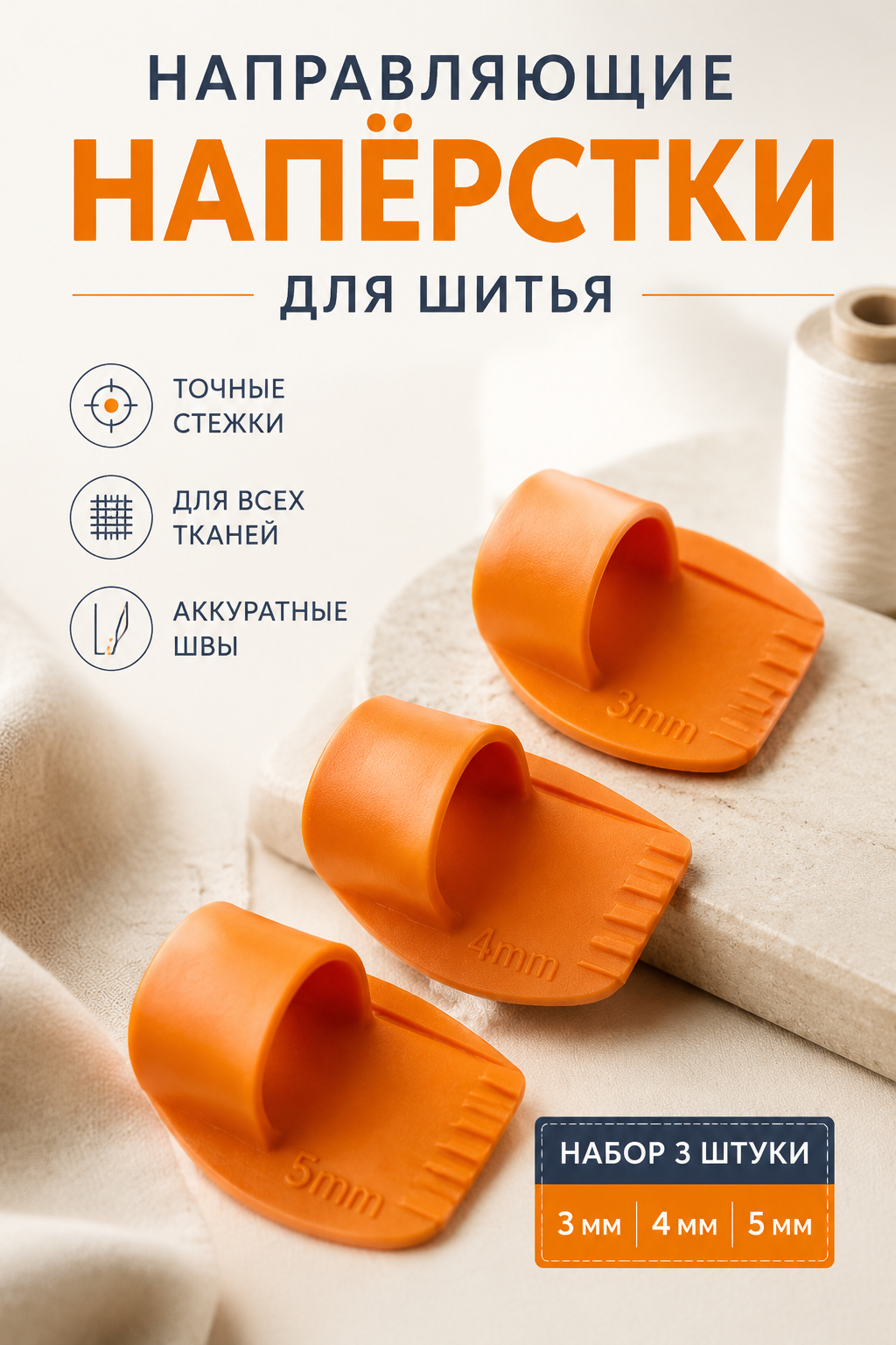 Направляющие напёрстки для шитья, набор 3 шт: 3, 4 и 5 мм