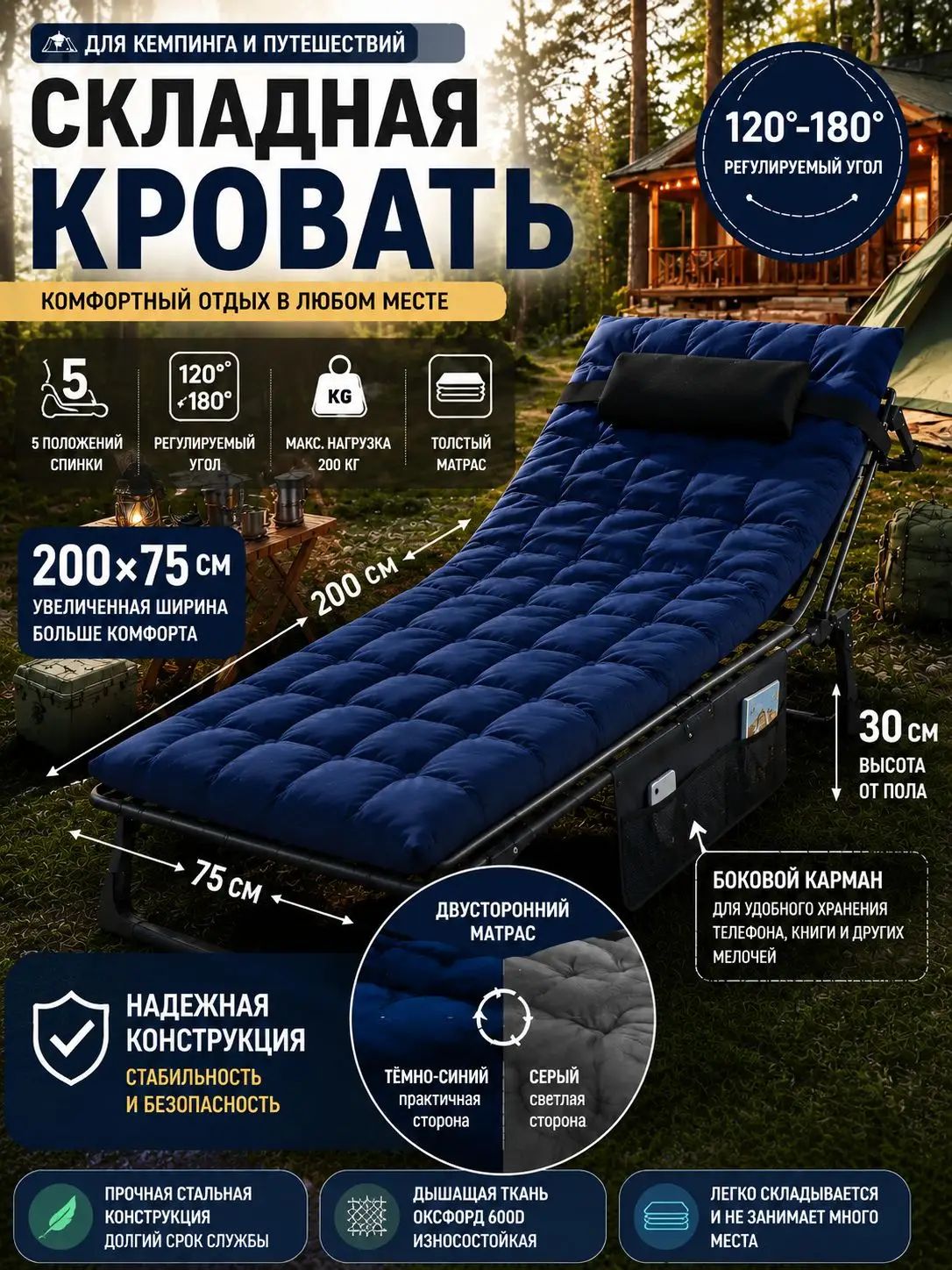 Раскладная кровать с матрасом 200*75 нагрузка до 200кг Двухцветный матрас-
