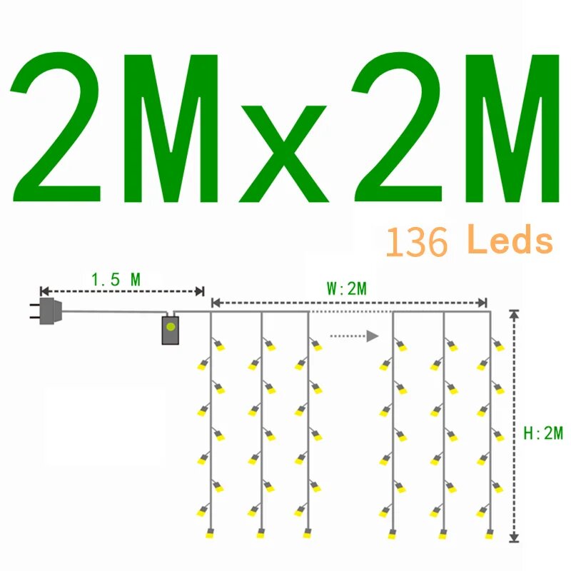 LED-гирлянда-штора 2Mx2M, 136 LED, теплый белый