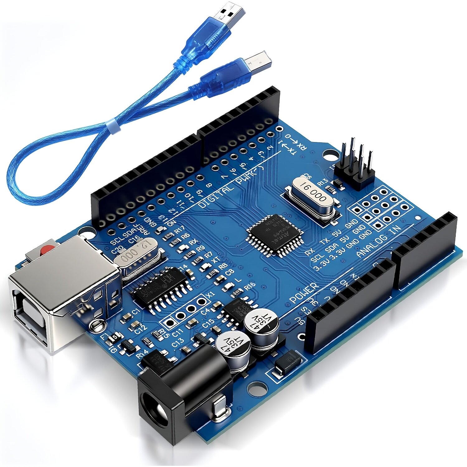 Плата разработчика ATmega328P с штыревыми разъемами и кабелем, 16 МГц, 14 цифровых входов/выходов с ШИМ, входное напряжение 7–12 В, 2 КБ SRAM