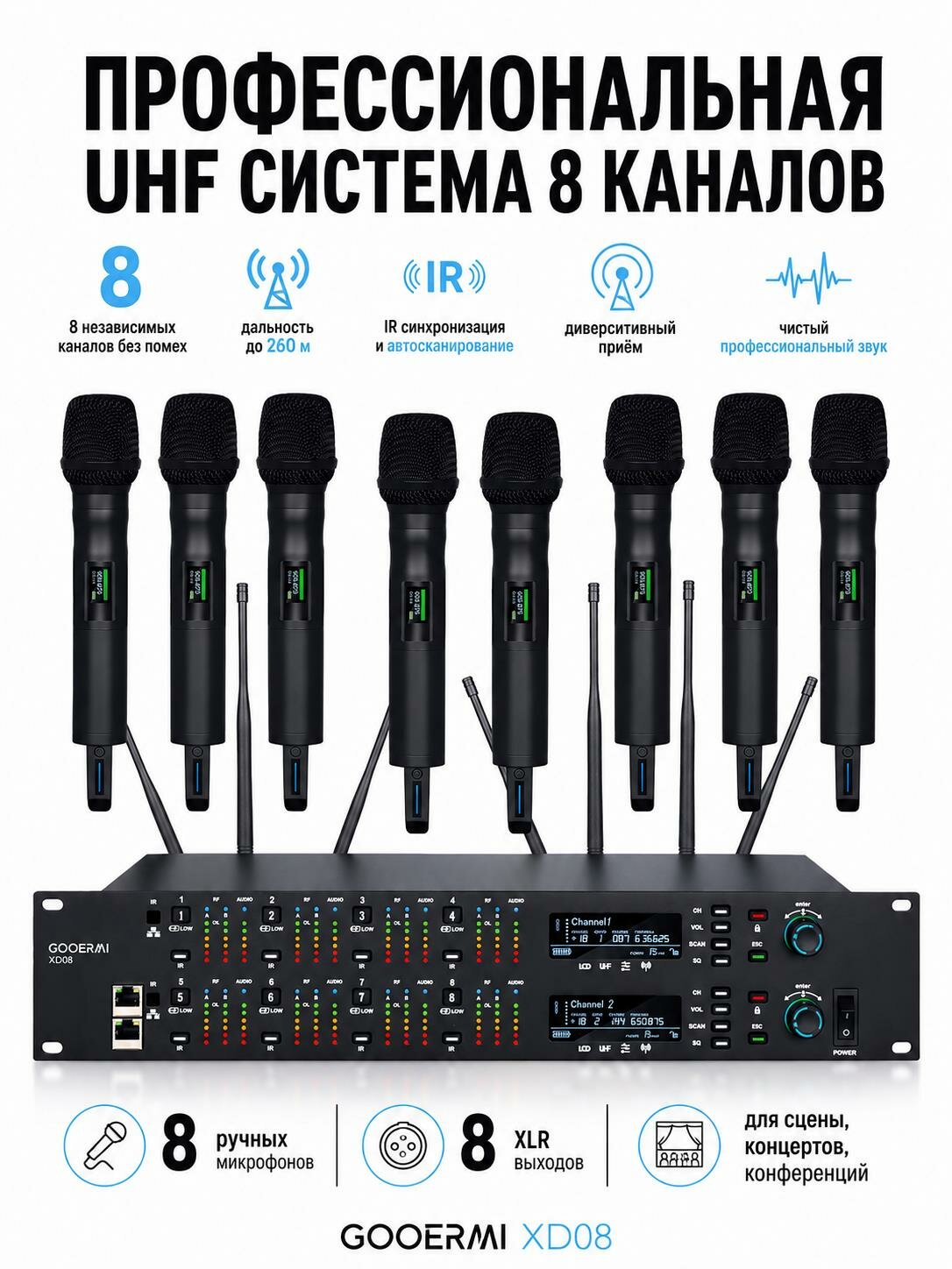GOOERMI XD08 8-канальная UHF беспроводная система 8 ручных микрофонов, для сцены и мероприятий
