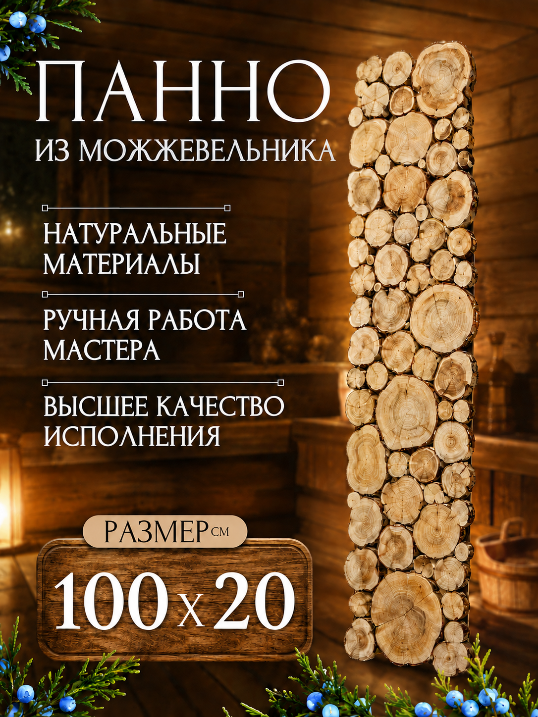 Панно из можжевельника для бани 100x20 cм, ароматное, для сауны, подарок