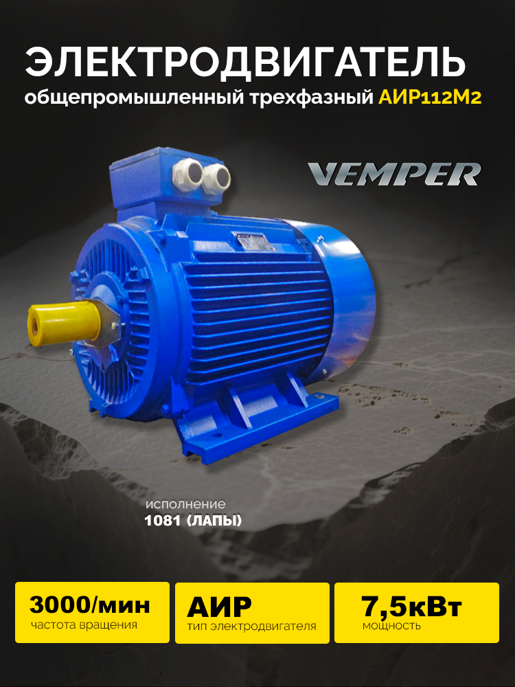 Электродвигатель трехфазный общепромышленный VEMPER АИР112М2 7,5кВт 3000об/мин (исполнение лапы)