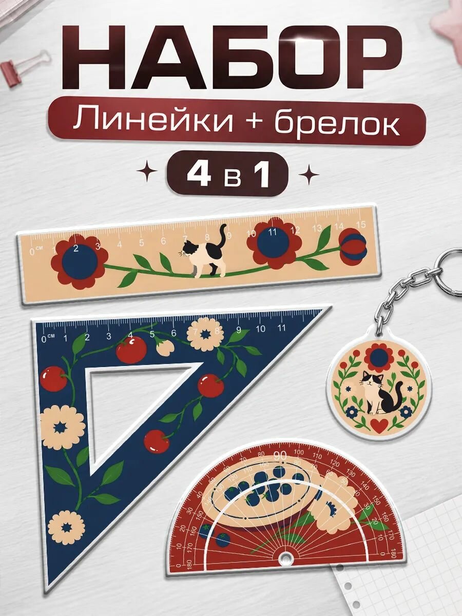 Набор линеек для школьника с транспортиром цветы