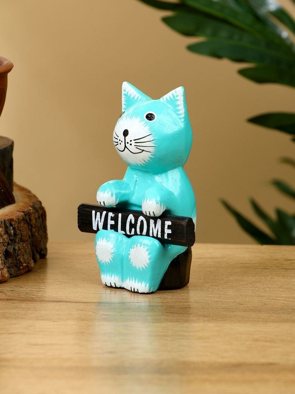 Сувенир "Кот с табличкой WELCOME" дерево 8х4х10 см, цвет бирюзовый