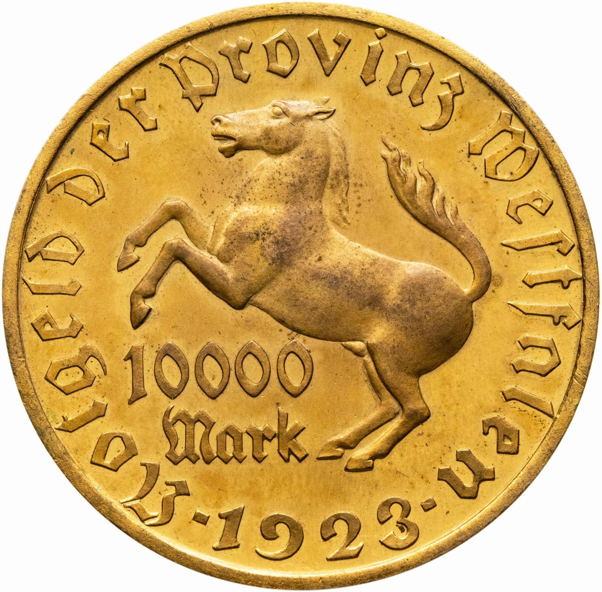Германия, Вестфалия, нотгельд 10000 марок 1923, Латунь, покрытая позолотой, в сохранности AU-UNC