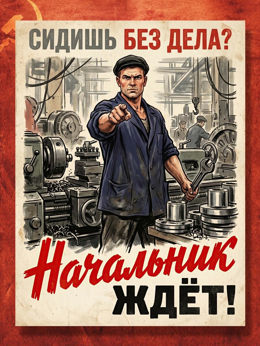Постер СССР "Сидишь без дела? Начальник ждёт!" - 30х40см (без рамки)