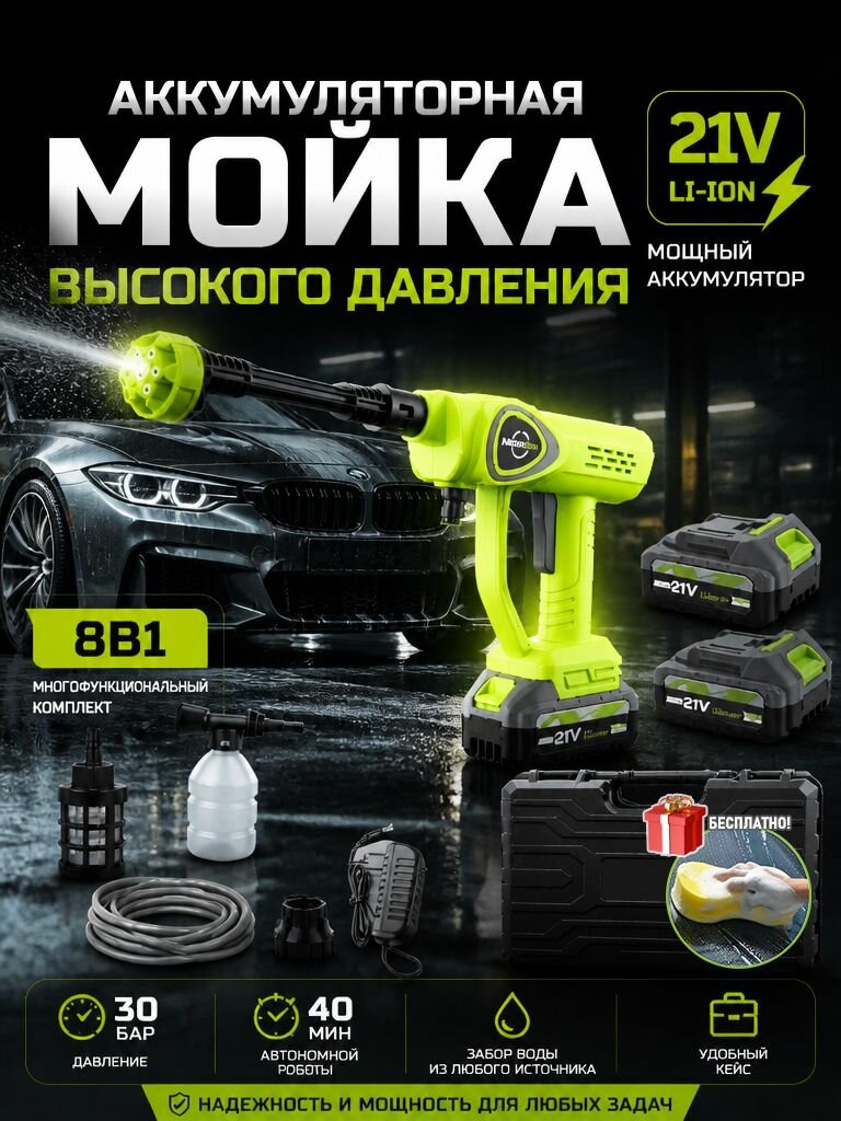 Минимойка аккумуляторная для авто и дачи с забором воды из емкости, портативная мойка в кейсе + 2 аккумулятора