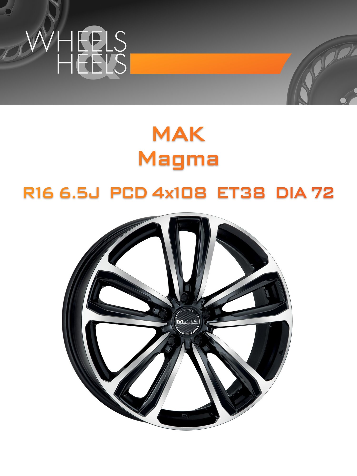 Диск автомобильный литой MAK Magma 16x6.5 4x108 et38 dia72 Чёрный глянцевый с полированной лицевой частью