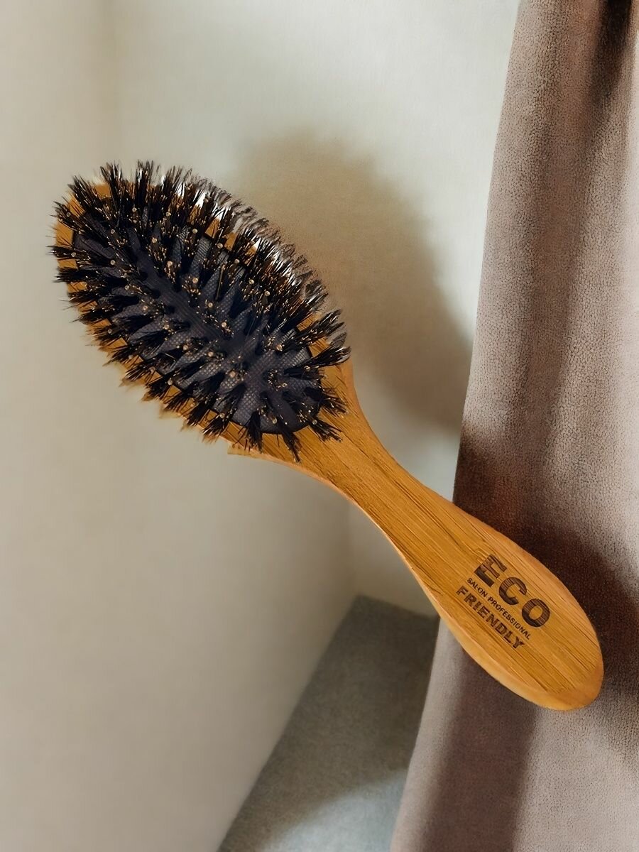 Щетка для волос массажная Salon Professional 76212B "Eco friendly" "Мини", деревянная, натуральная щетина + нейлоновые штифты, L-175мм.
