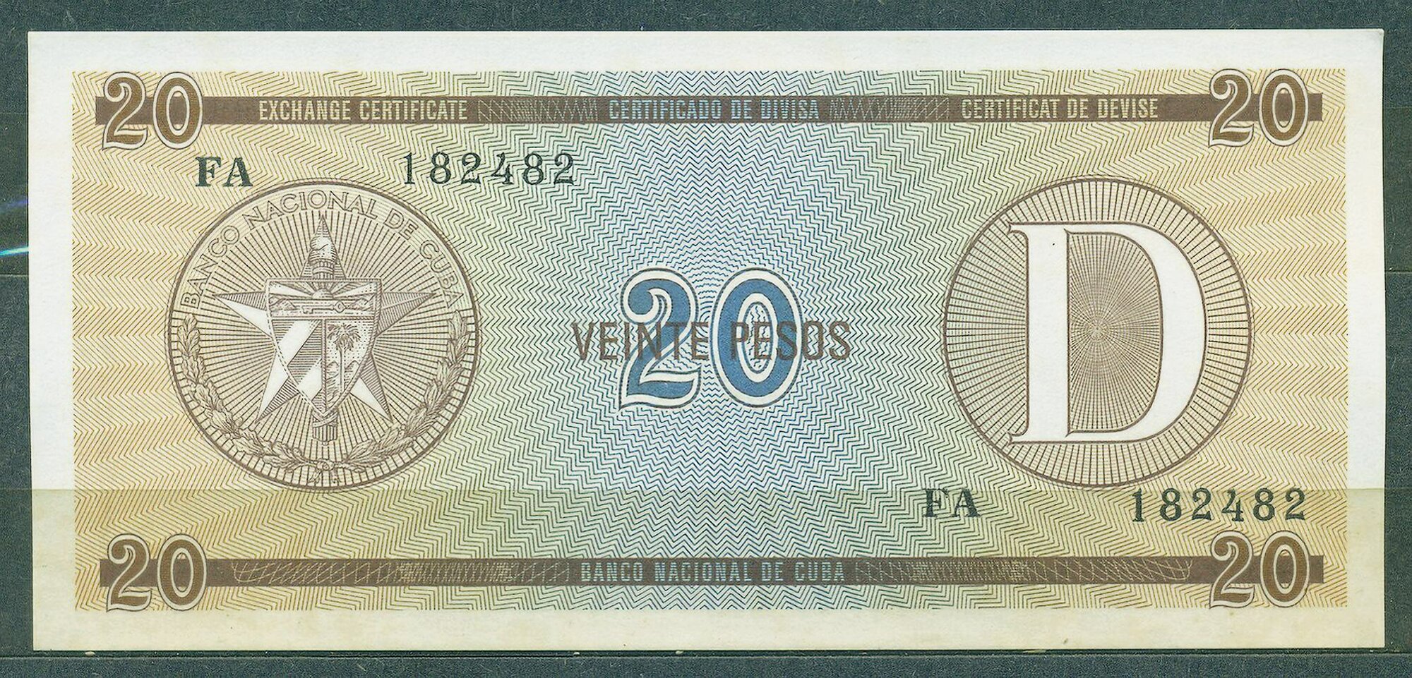 Купюра (бона) Куба 1958г. "VEINTE PESO - сертификат D" UNC