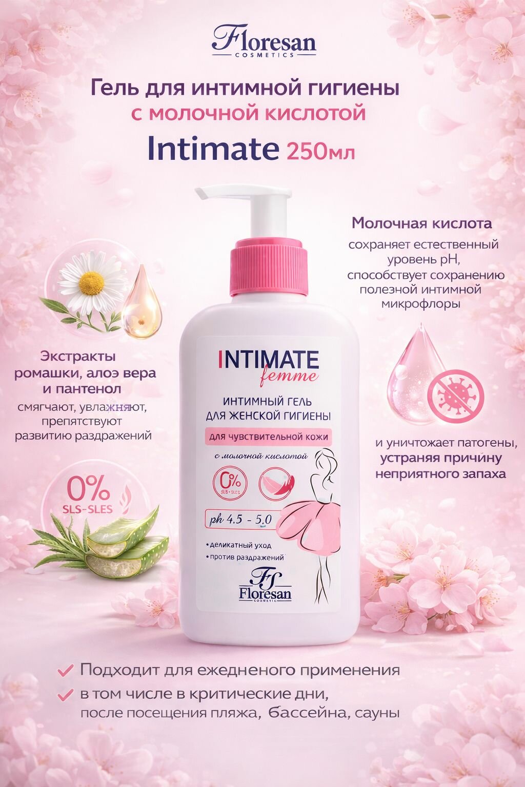 INTIMATE femme Гель деликататный для интимной гигиены с молочной кислотой 250мл.