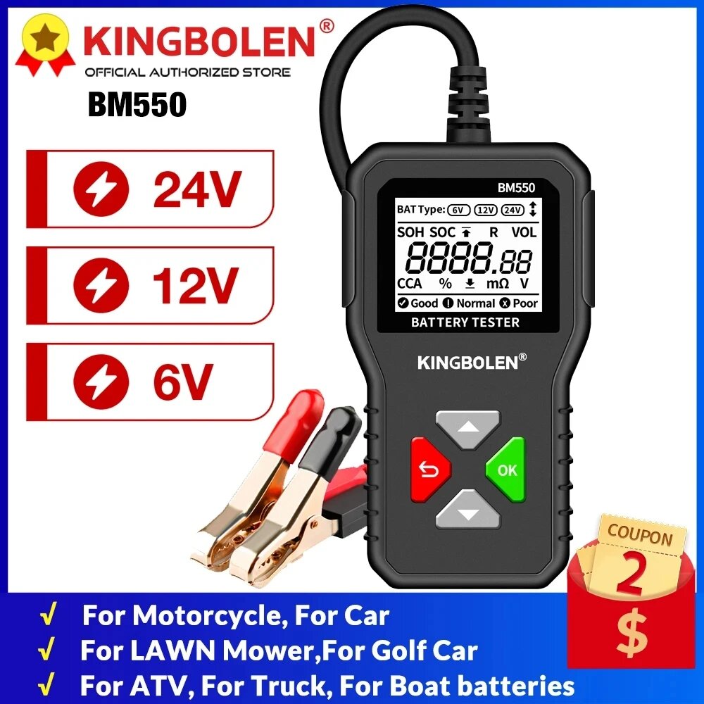 Тестер Аккумуляторов KINGBOLEN BM550, 6 в, 12 В, 24 В, 100-2000 CCA