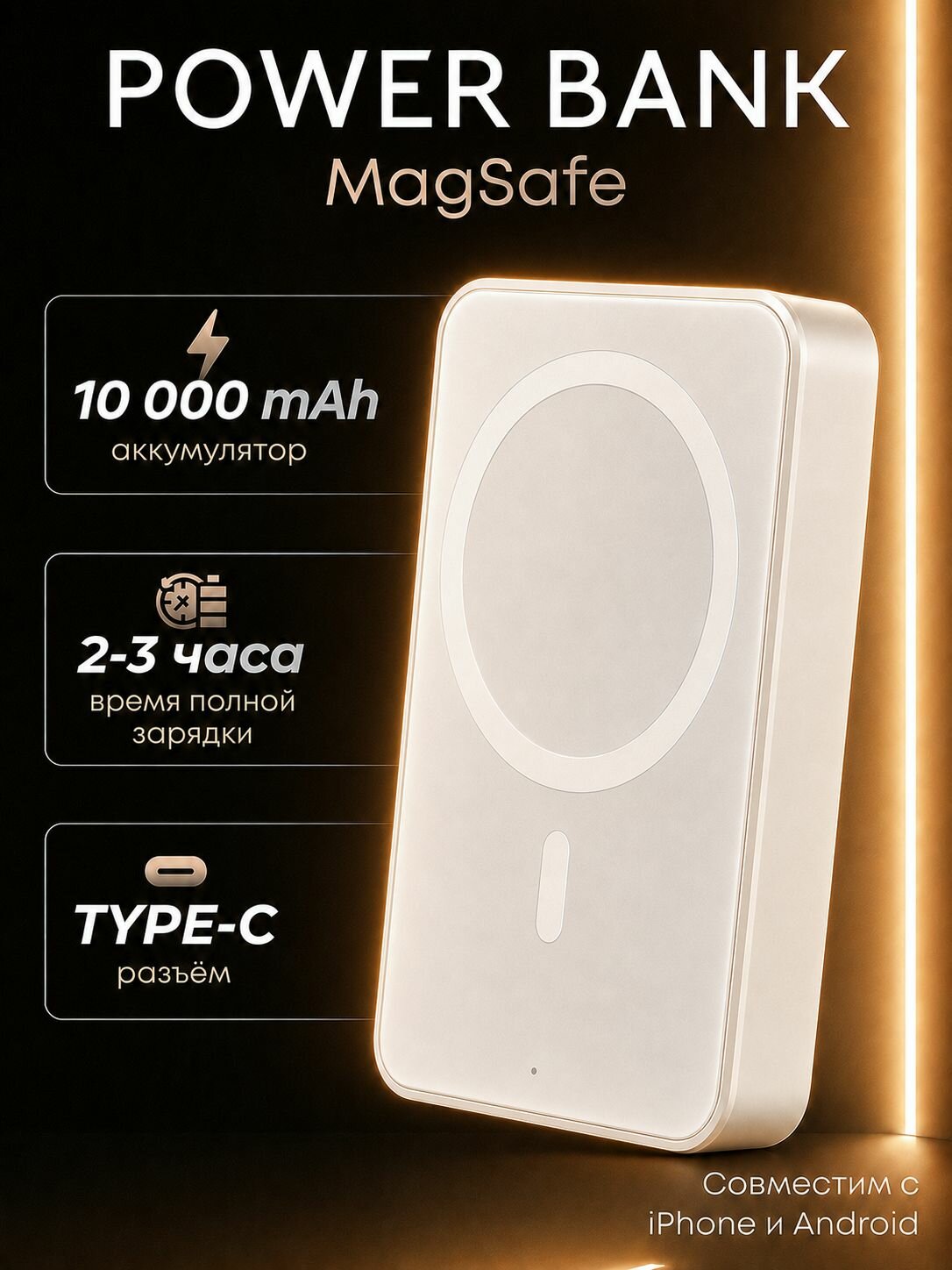 MagSafe Powerbank 10000 mAh магнитный внешний аккумулятор для iPhone 17/16 /15 / 14 / 13 / 12, powerbank magsafe беспроводная зарядка 15W, магнитный power bank для iPhone, внешний аккумулятор magsafe