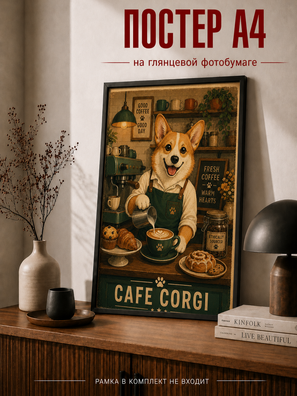 Постер А4 "Cafe Corgi", корги-бариста с кофе, плакат для кухни, кафе и кофейни