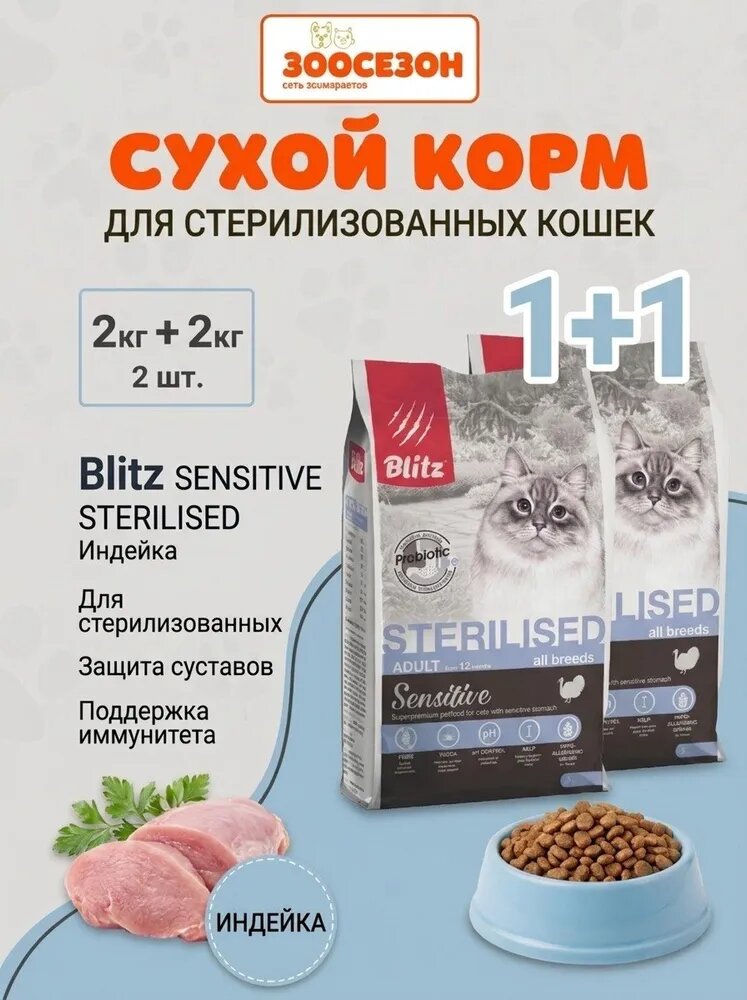 Корм для кошек Blitz Sensitive Sterilised Turkey, сухой, для стерилизованных, с индейкой, 4 кг