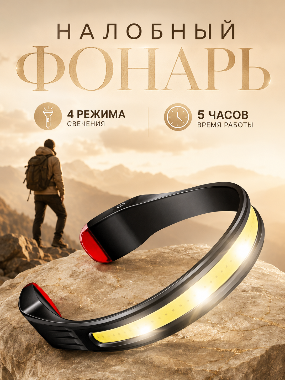 Фонарь налобный аккумуляторный с широким светом 260° и задним габаритом, черный