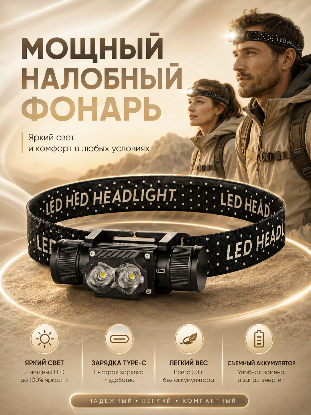 Фонарь налобный аккумуляторный с поворотом 90° и батареей 18650, черный