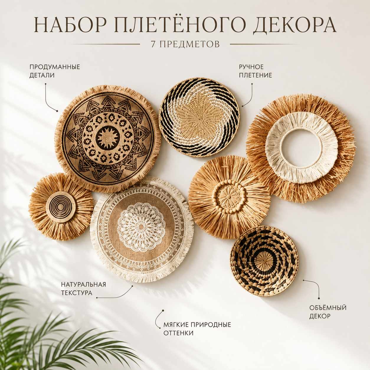 Комплект плетеных настенных украшений в стиле бохо, ручная вязка из натуральных волокон,7шт