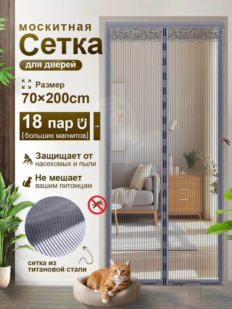 Москитная сетка на дверь на магнитах стекловолокно, 70х200 см, серый