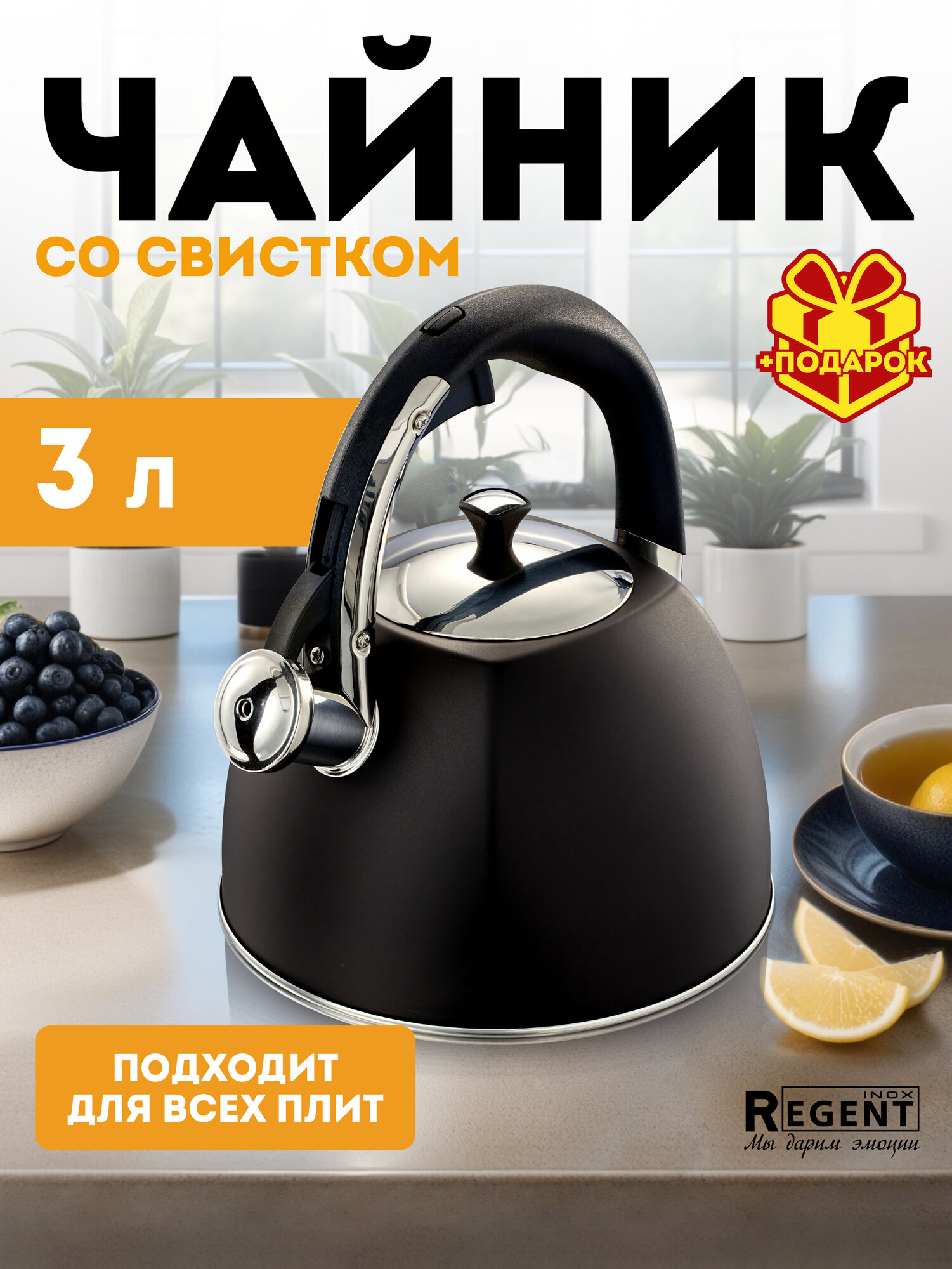 Чайник Regent Inox 3л, со свитком, нержавеющая сталь, модерн