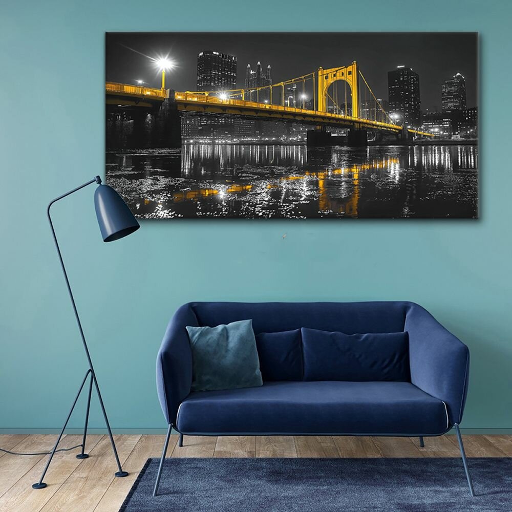 1 картина на холсте, 30x60 см, современная, "Ночной город и мост", большой постер или принт для украшения стен в гостиной, спальне, столовой, офисе (без рамы).