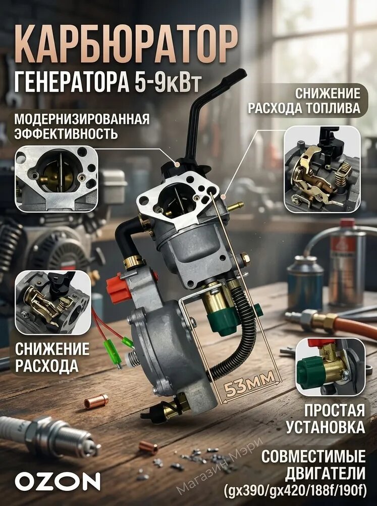 Карбюратор газ-бензин двухтопливный для генератора 5-9 кВт, газовый модуль для двигателей 188F 190F 192F GX390 GX420