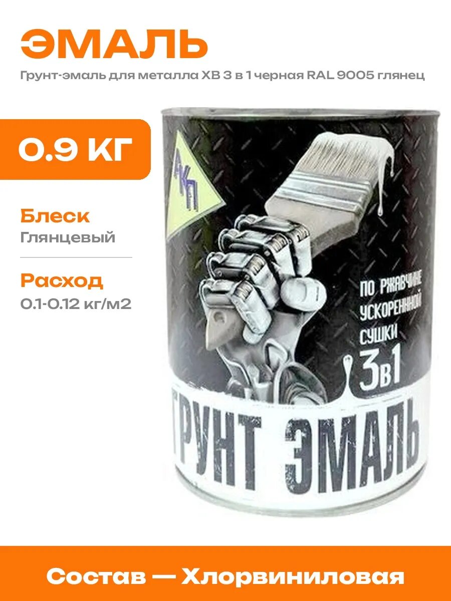 Черная эмаль по металлу ХВ 3 в 1 быстросохнущая глянцевая