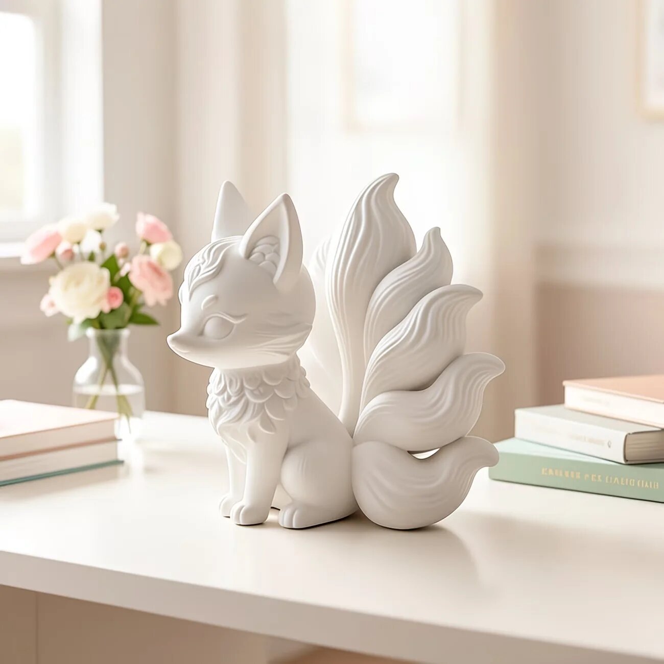 Миниатюрная фигурка девятихвостой лисы чиби из пластика Белый, White