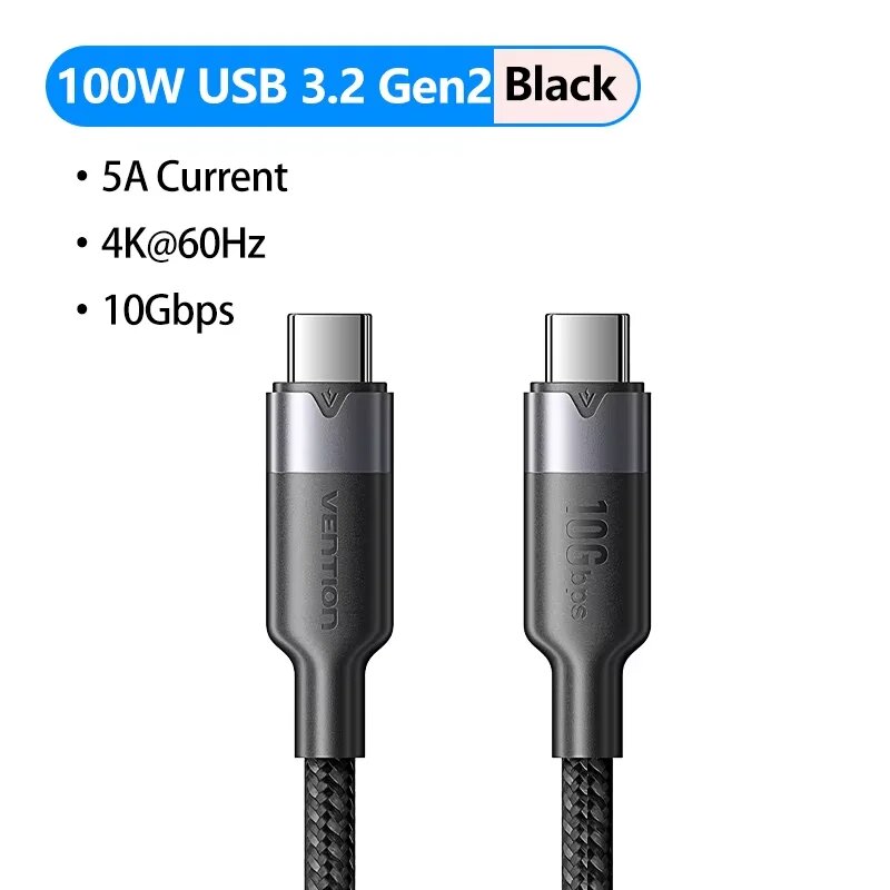 Кабель Vention 100W Type C Для iPhone, Huawei, Xiaomi, Samsung, MacBook, 1m, USB 3.2 Gen 2 Black