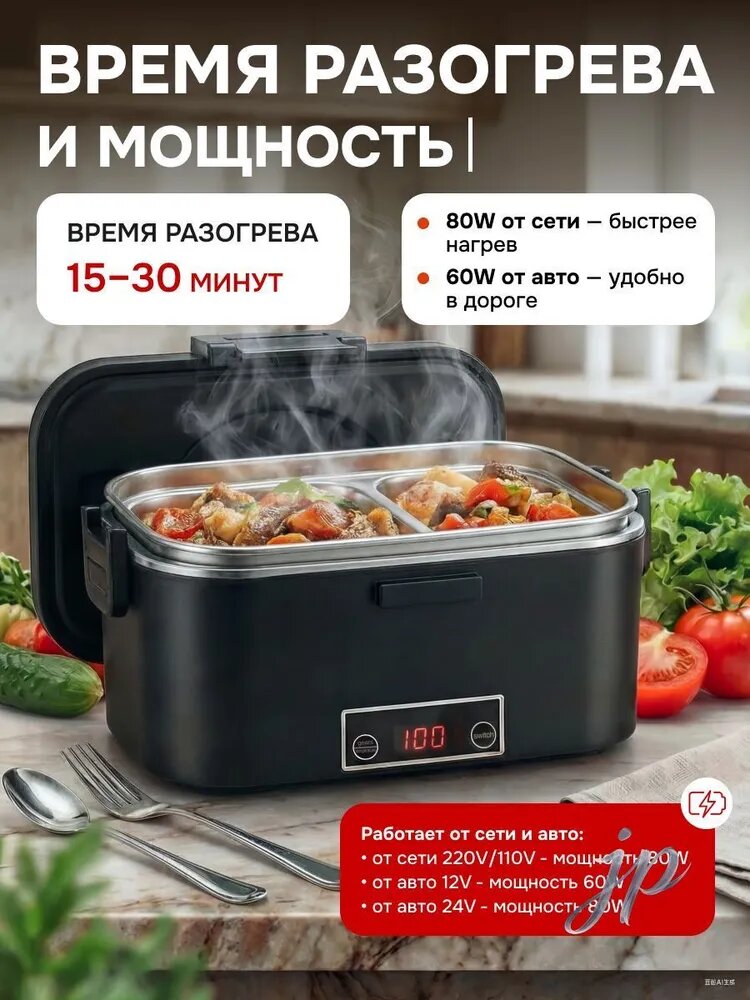 INSPIRAT Термокастрюля 2 л, черный, с подогревом от сети и авто, 80W