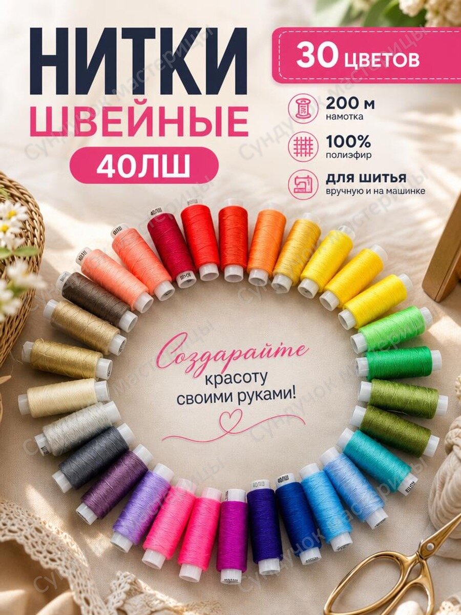 Нитки 40ЛШ, полиэфирные, намотка 200 м, ассорти цветов, 30 катушек