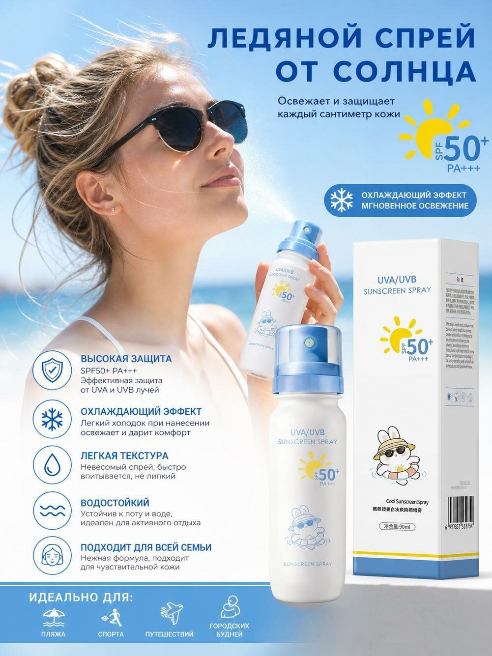 Солнцезащитный спрей с отбеливающим эффектом против морщин, 90 мл, SPF50 PA+++