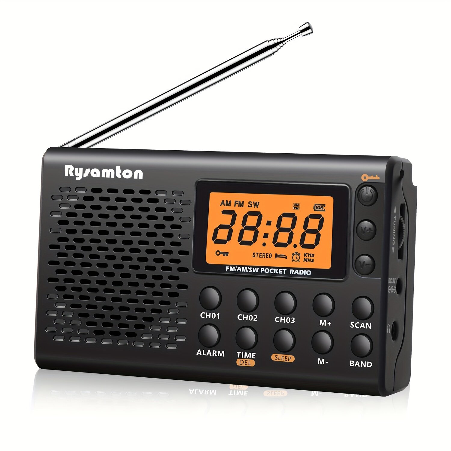 Портативное радио FM/AM/SW на батарейках, карманное с будильником, таймером и подсветкой дисплея, черный