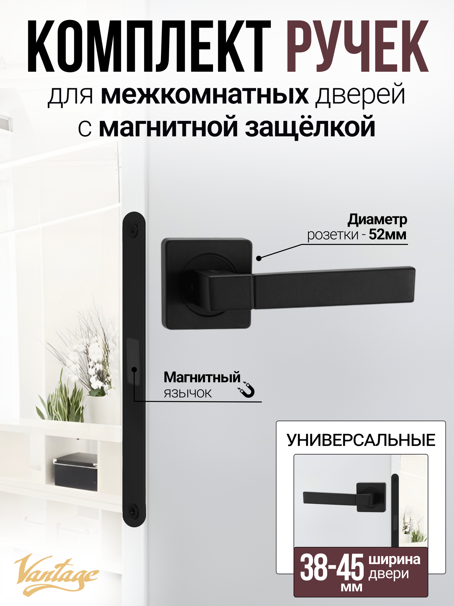 Ручка дверная межкомнатная с магнитной сантехнической защелкой комплект, алюминиевый сплав, черный матовый