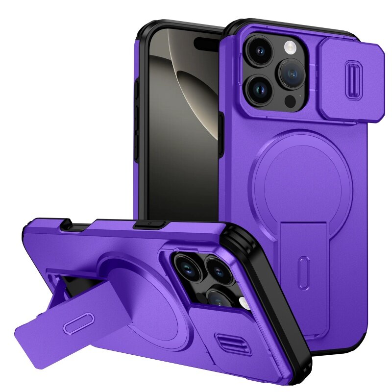 Чехол для iPhone 14 Pro, серия Mecha Soaring, кожеподобный, полная защита, скрытый держатель, ударопрочный, защита от царапин, устойчивость к отпечаткам пальцев, фиолетовый