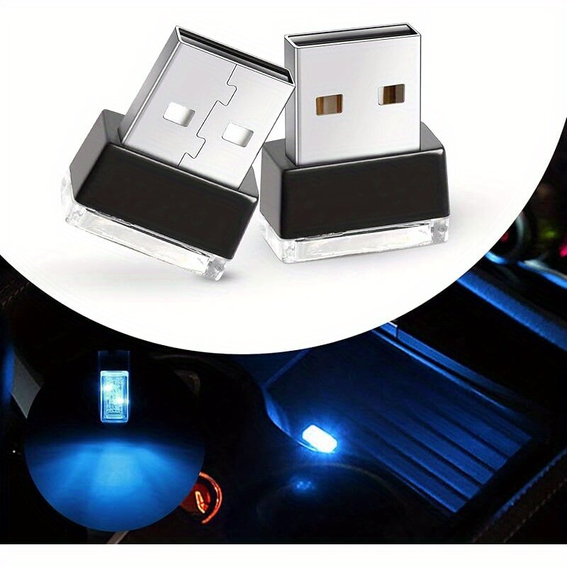 2шт. Мини USB светодиодный светильник для салона автомобиля, атмосферная подсветка, USB ночник с регулировкой яркости, цвет: Ice Blue