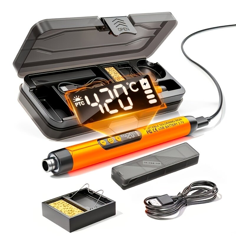 Паяльник двойного питания (USB/аккумулятор) с ЖК-дисплеем, 3 скорости регулировки температуры, в комплекте подставка и кейс для хранения, оранжевый