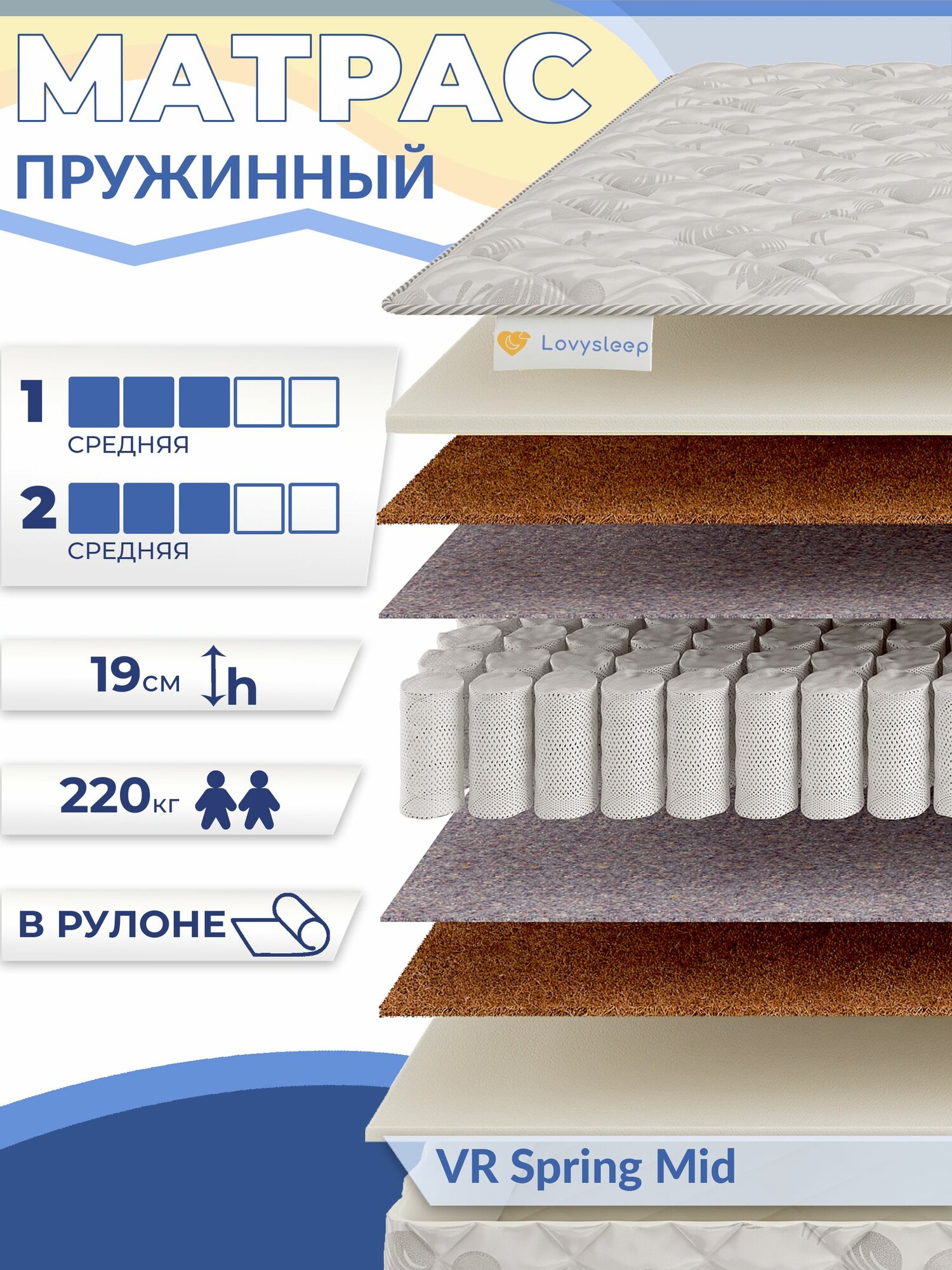 Матрас VR Spring Mid 60х200 см, пружинный, односпальный, двусторонний, средняя жесткость, в рулоне