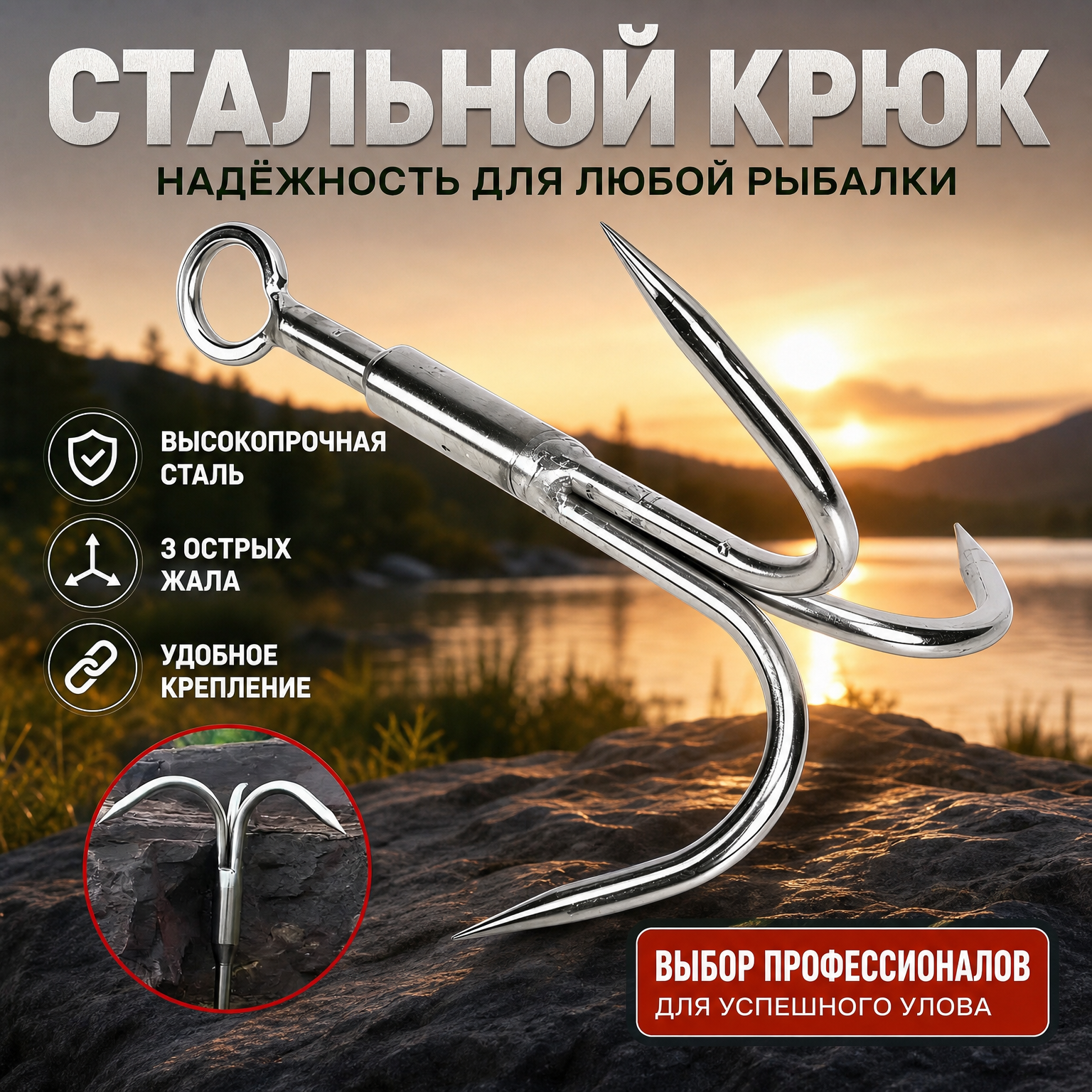 Якорь-кошка трехлапый из высокопрочной нержавеющей стали, для эффективной очистки дна от водорослей и подводной охоты, прочный крюк для рыбалки и надежного крепления снастей (Длина: 150 мм)