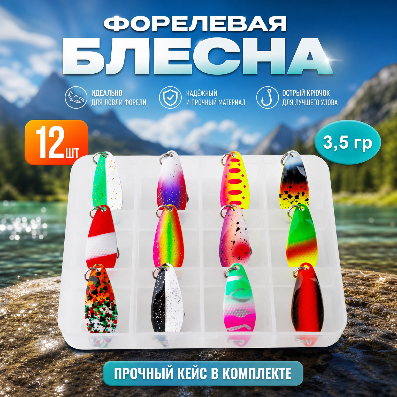 Форелевые колебалки для рыбалки набор в кейсе 12 шт, 3,5 гр (12 цветов, прочный материал, острый крючок, идеально для ловли форели)