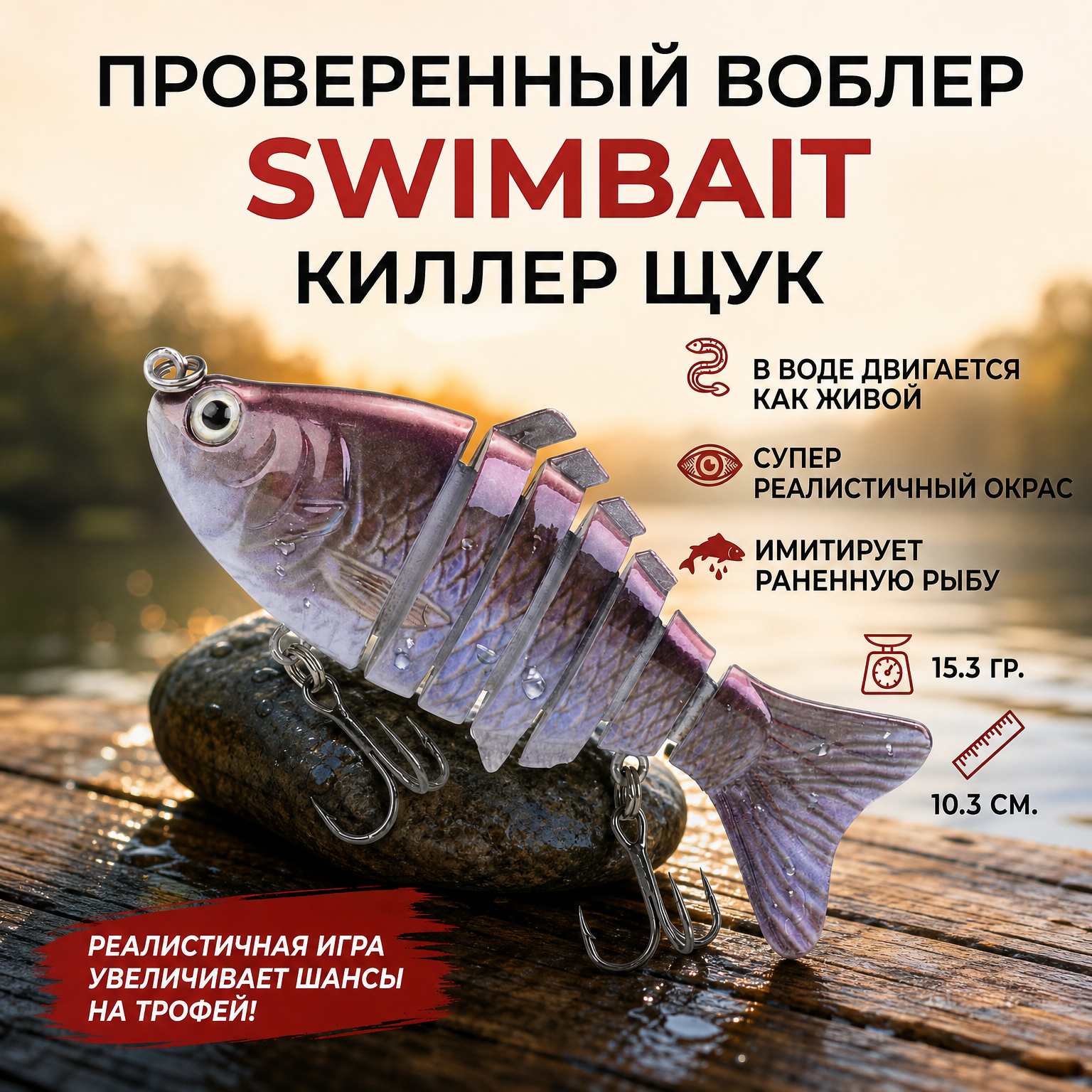 Проверенный SWIMBAIT воблер-приманка на щуку, окуня, судака, хищника: имитирует раненую рыбу, движется в воде как живая, суперреалистичный серебристый окрас, 15.3 гр. 10.3 см (Цвет товара: серебристый)
