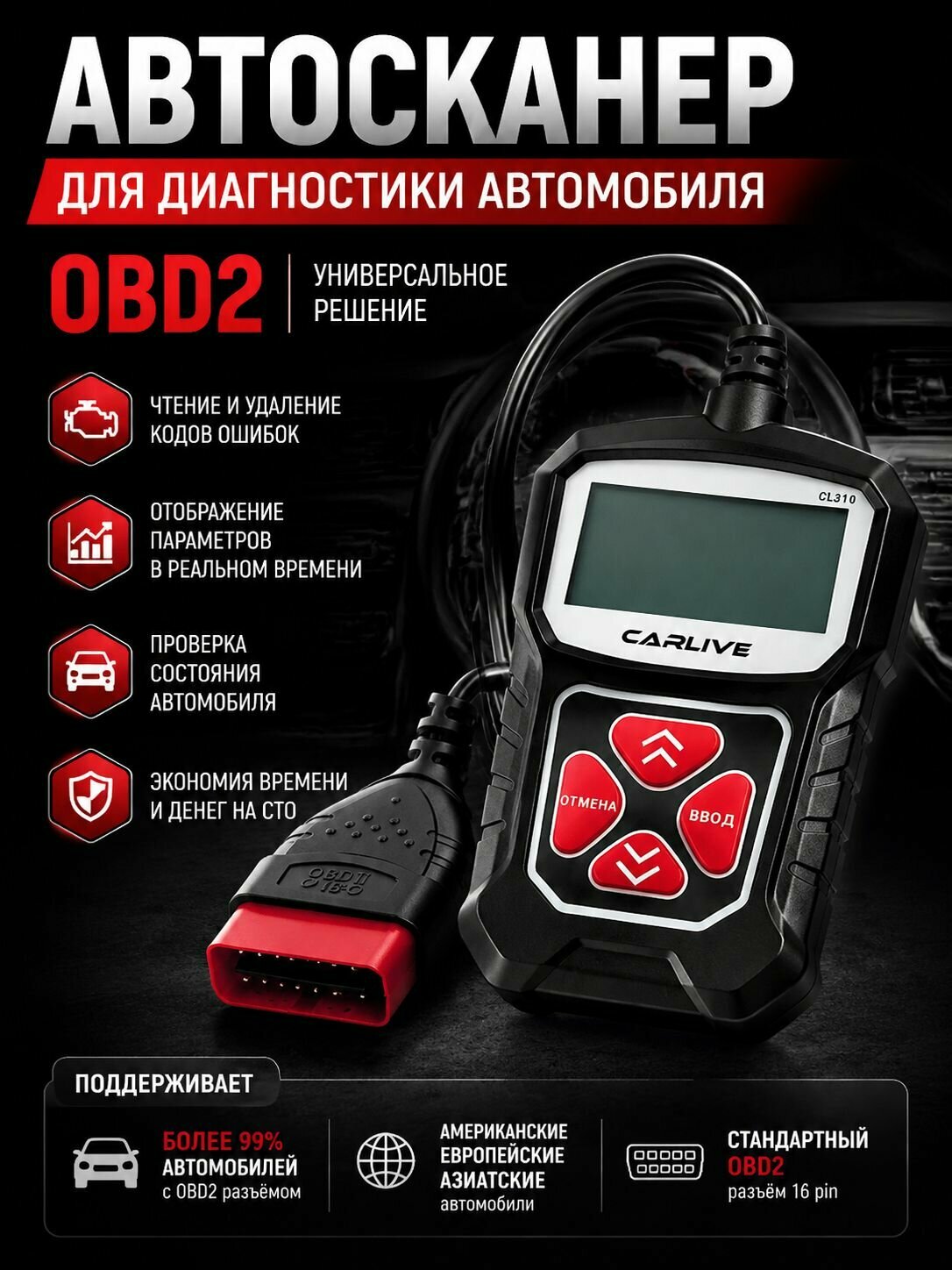 Автосканер для диагностики автомобиля, OBD2 / диагностический сканер для автомобиля